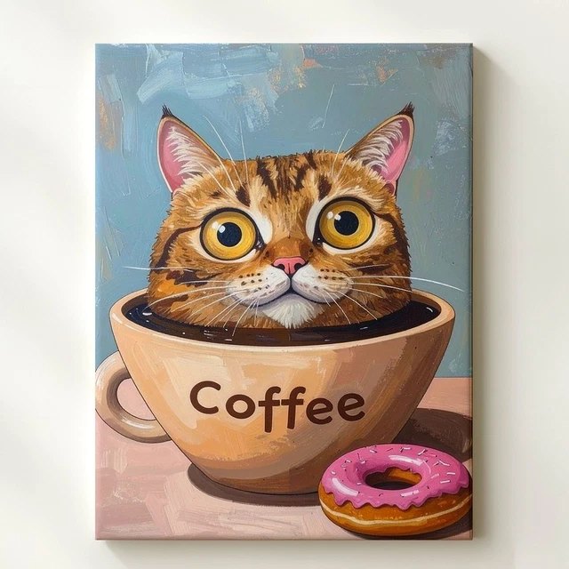 Coffee Cat Whimsical Cartoon Cat In Mug With Donut Wall Art Caffeine ...