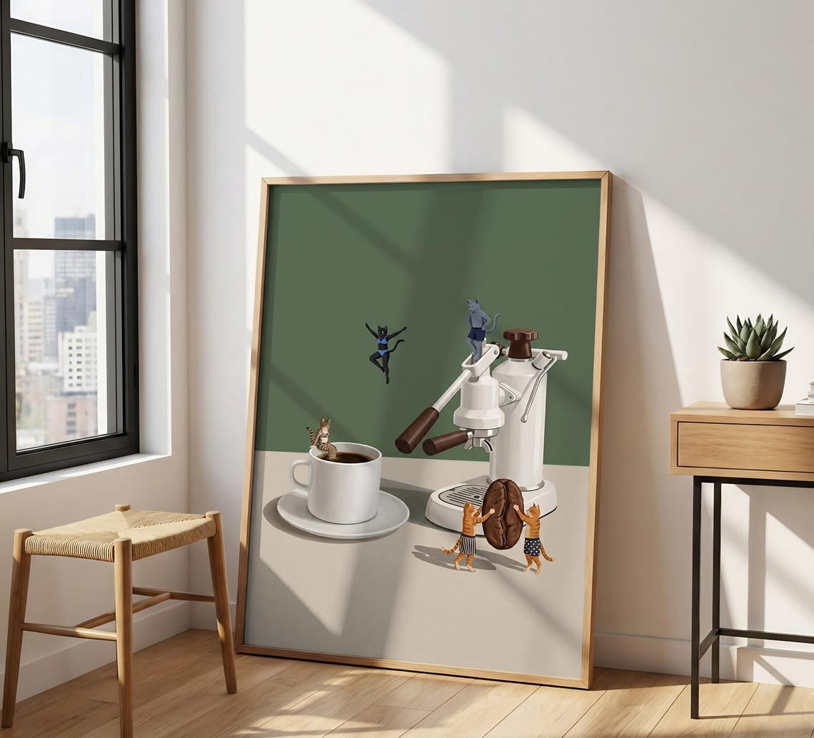 Coffee Cats Retro Espresso Wall Art Cute Tiny Kitten Minimalist Kitchen ...
