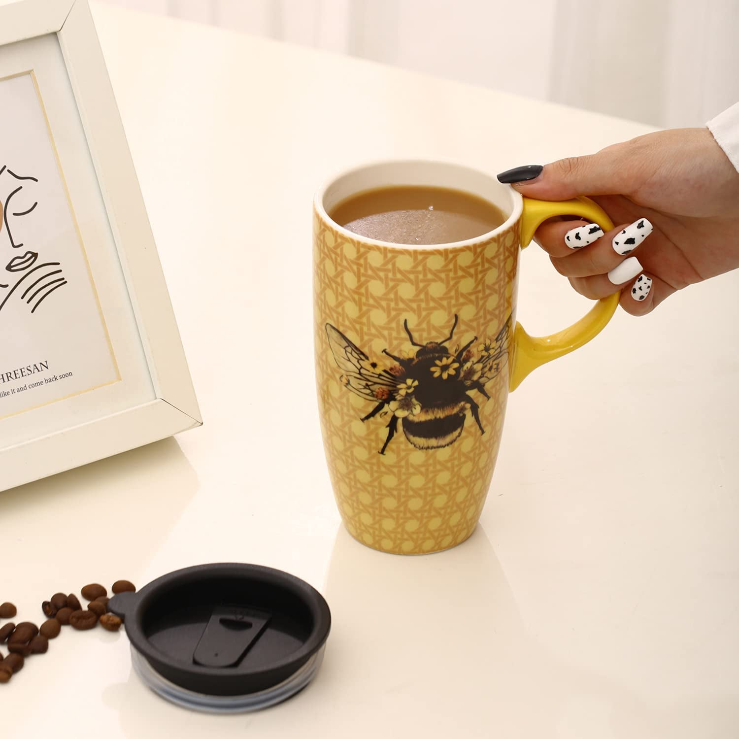 Coffee Ceramic Mug Porcelain Latte Tea Cup With Lid 17oz Bee
