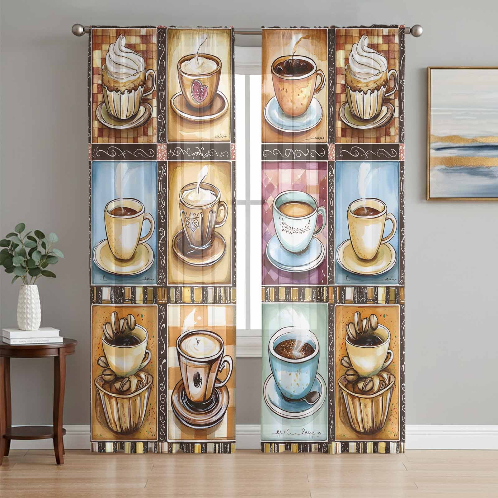 Coffee Check Plaid Sheer Curtains 72 Inch Length 2 Panels Set, Brown ...