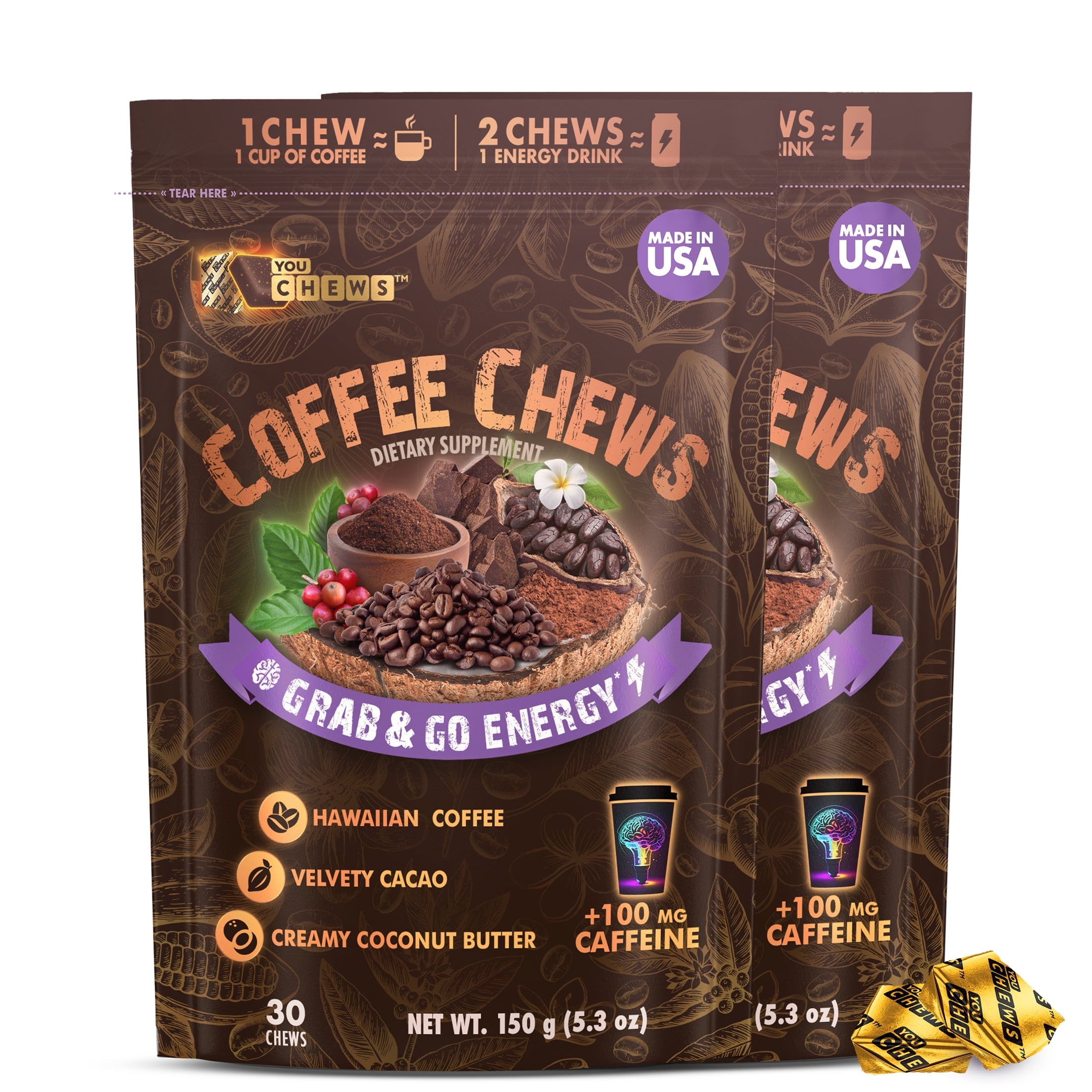 YouChews Energy Supplement Soft Chews, Hawaiian Kona Coffee Flavor ...