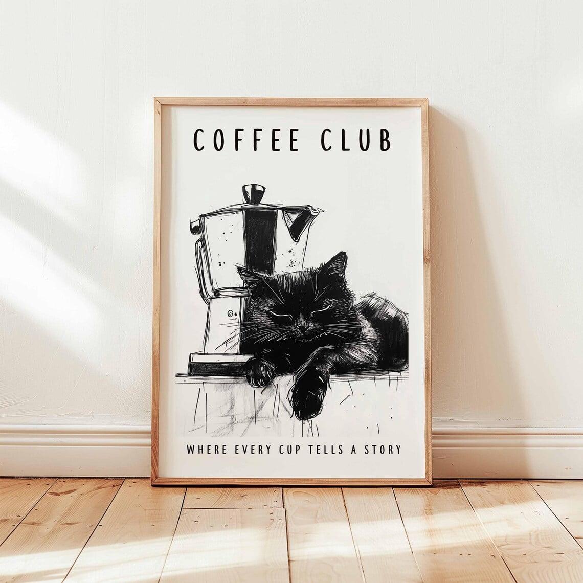 Coffee Club Cat Poster Black Cat Coffee Art Moka Pot Sketch Wall Art ...