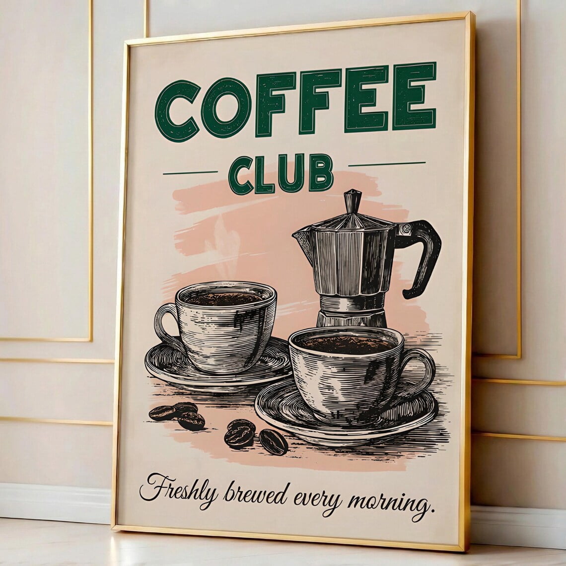 Coffee Club Moka Pot Kitchen Wall Art Retro Bar Decor Cute Illustration ...