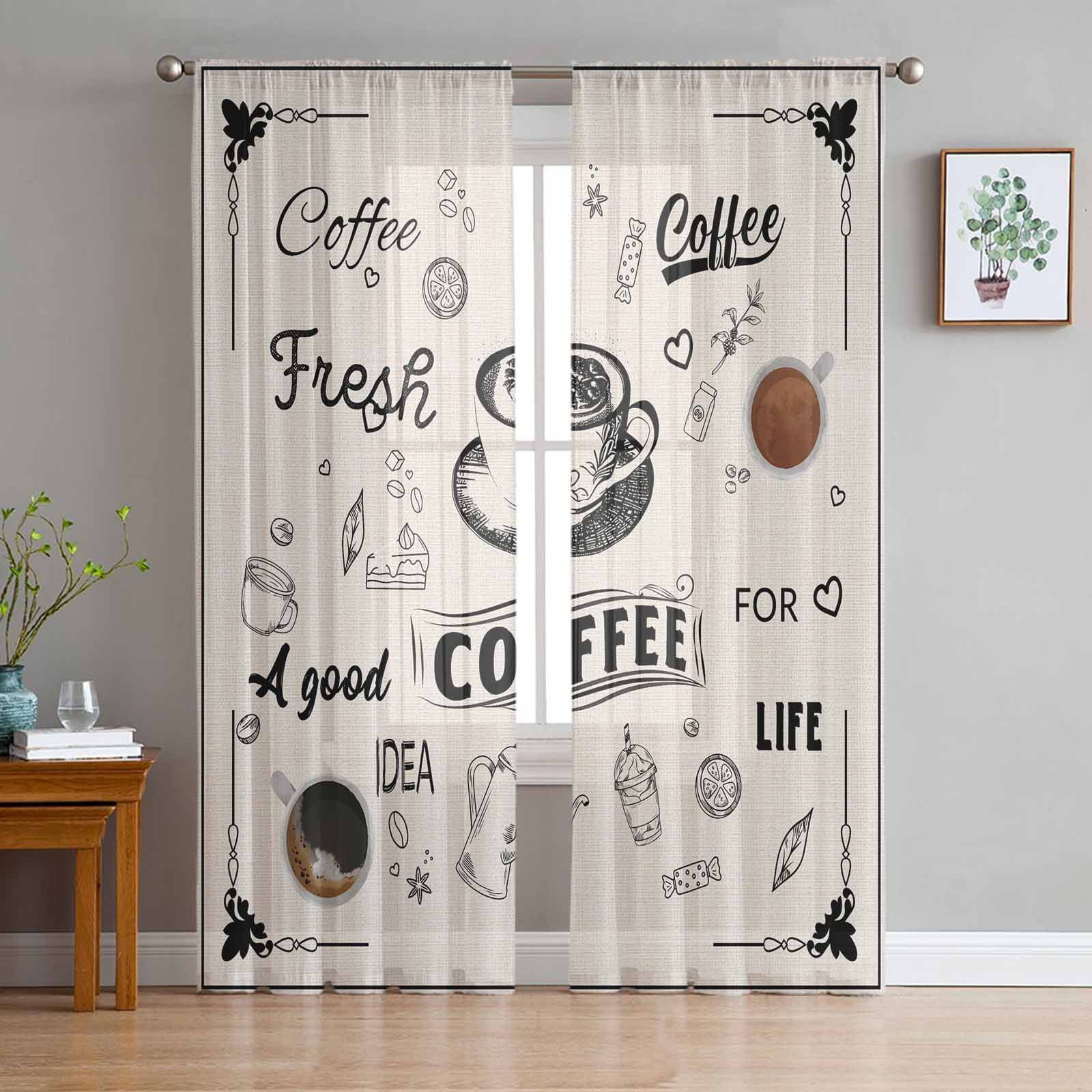 Coffee Coffee Beans Cup Sheer Tulle Curtains for Living Room Valance ...