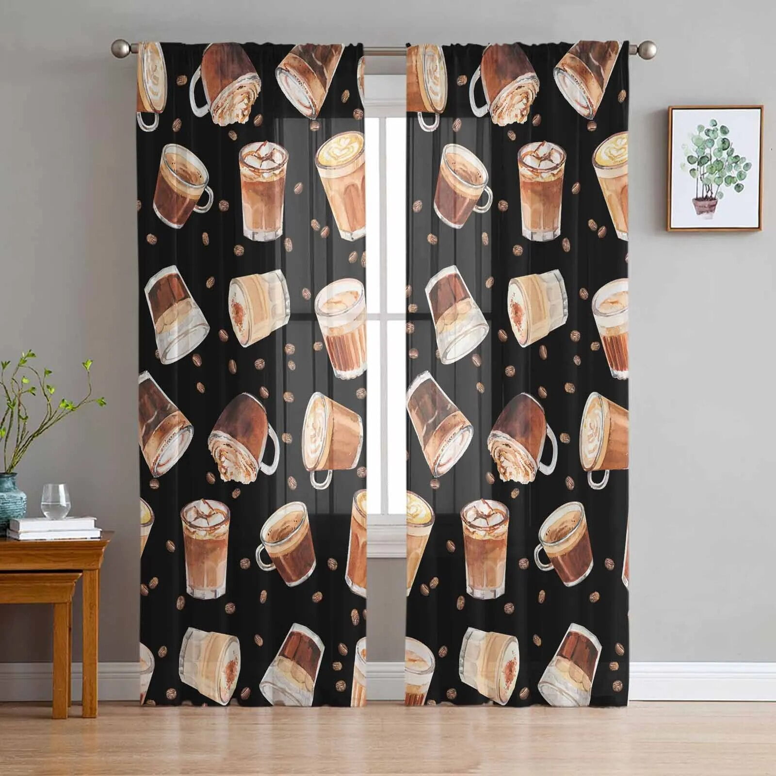 Coffee Coffee Beans Texture Voile Curtains for Living Room Window Tulle ...