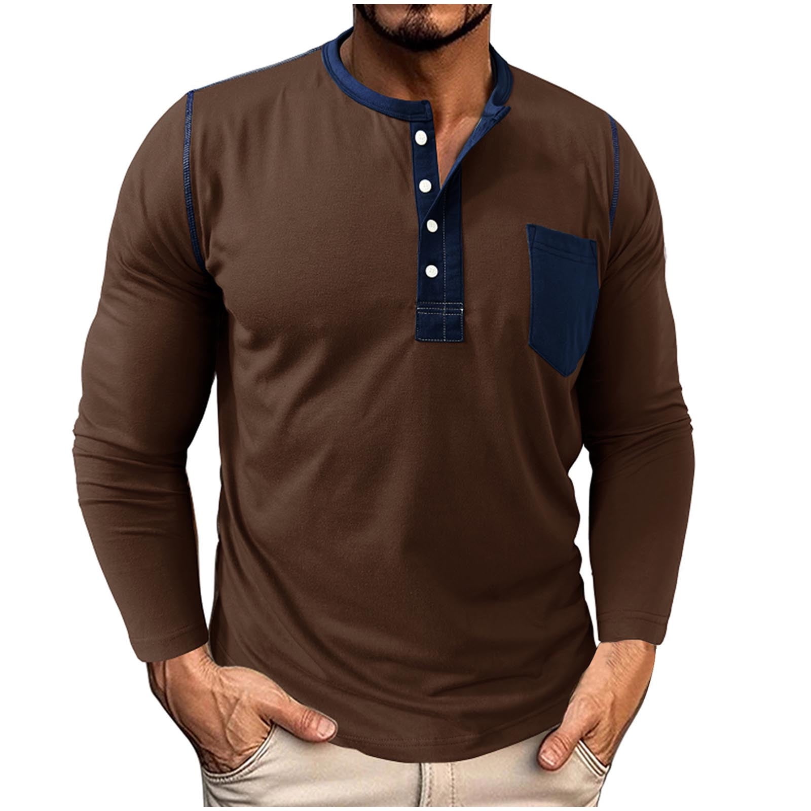 Coffee Color Block T Shirts for Man Fall Summer Long Sleeve Boat Neck ...
