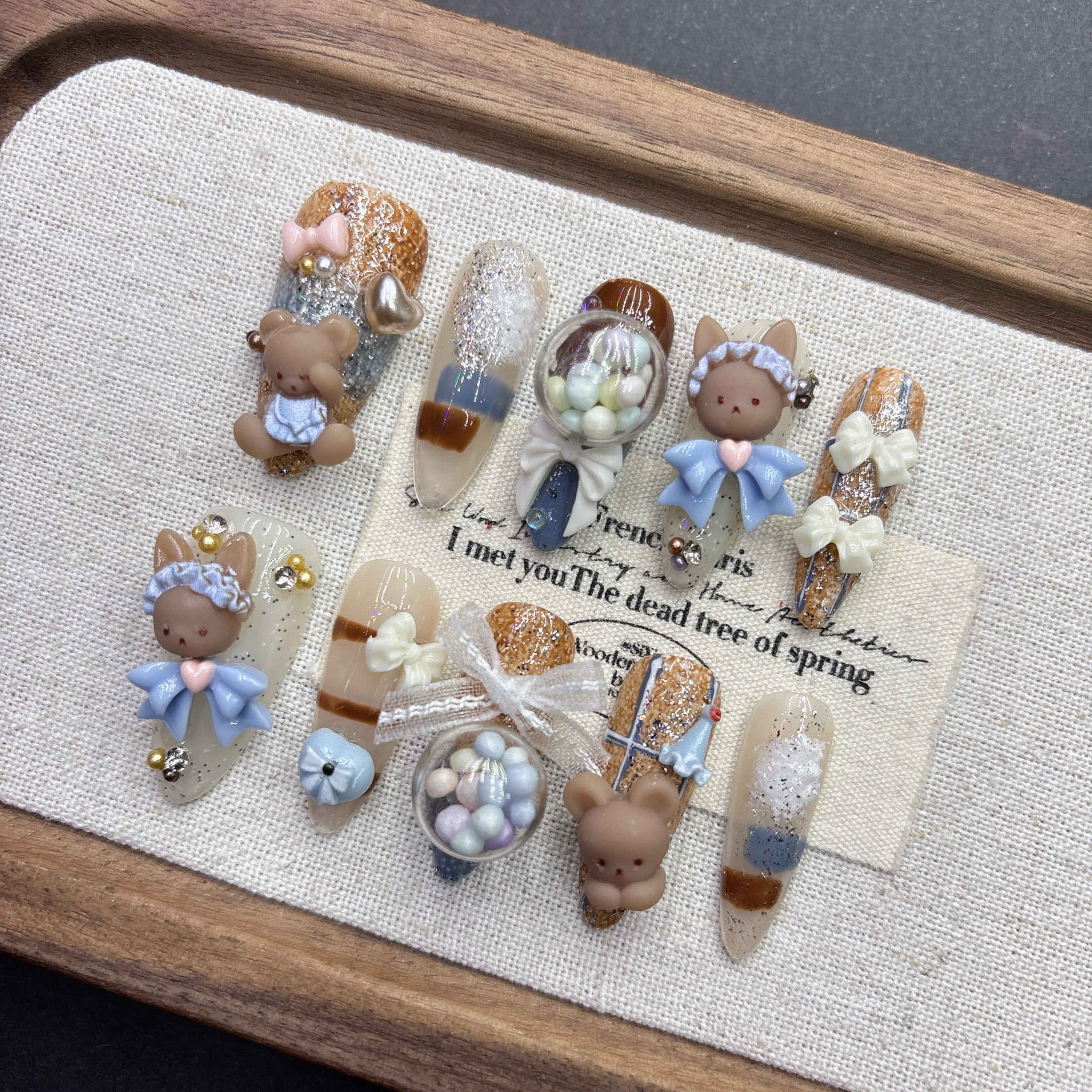 Coffee Color Cartoon Cute Bear Handmade Fake Nails Medium Length ...