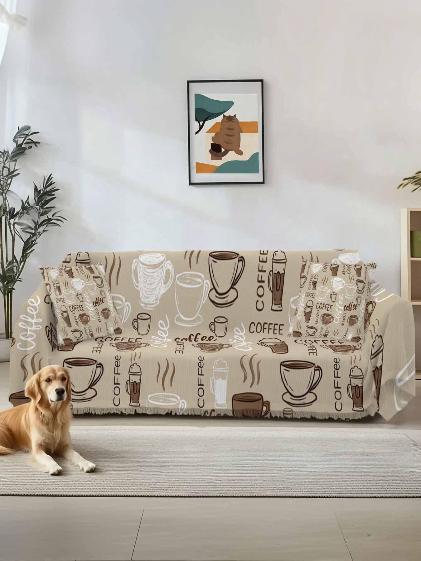 Coffee Couch Cover, Beige Farmhouse Retro Beans Latte Tea Cup Funny ...