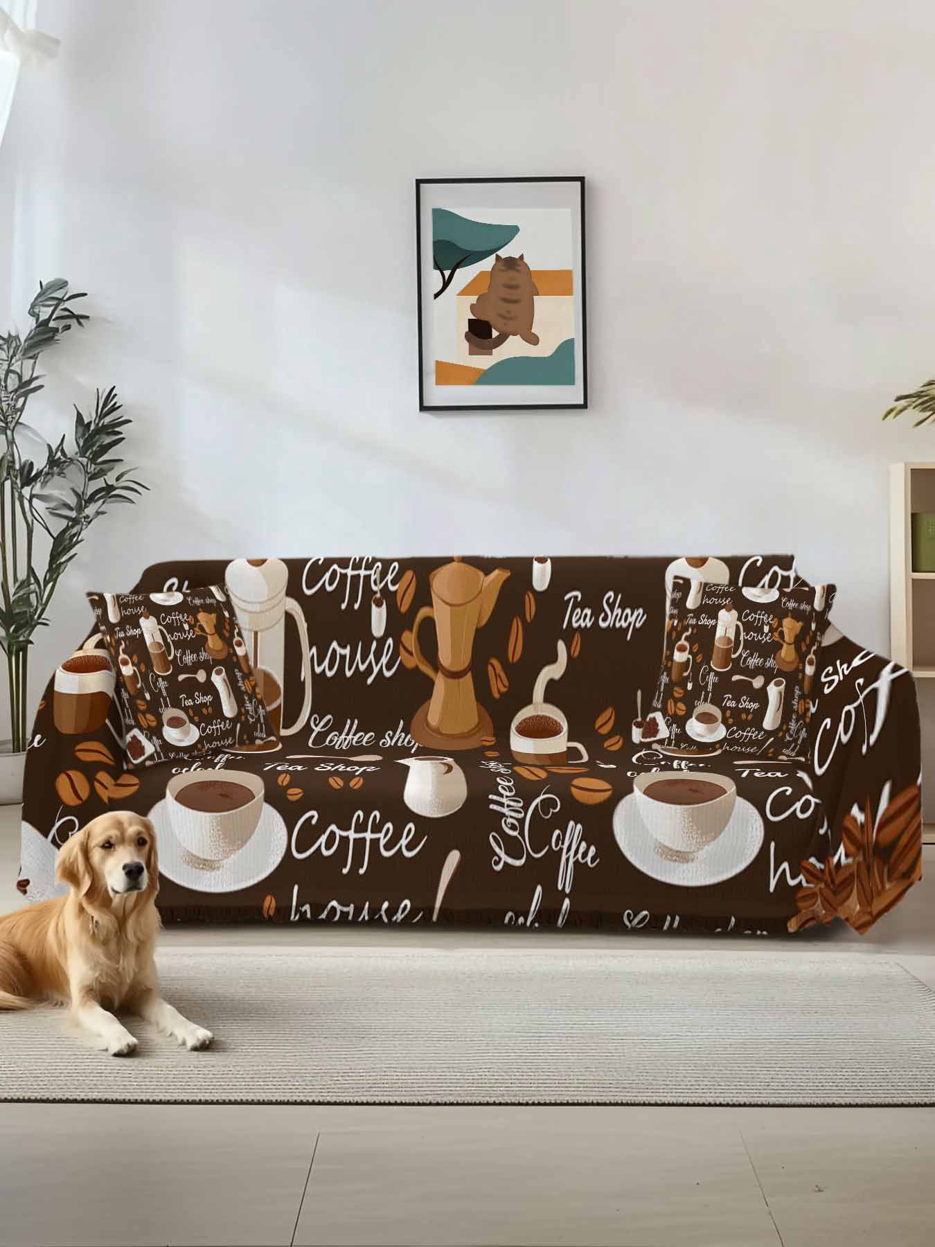 Coffee Couch Cover, Brown Retro Coffee Theme Beans Latte Tea Cup Sofa ...