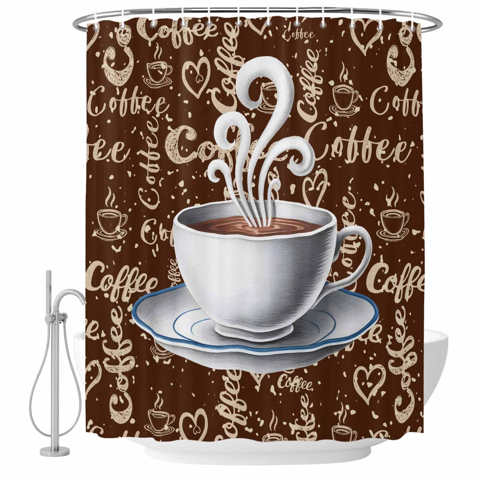 Coffee Cup Bathroom Shower Curtains with Hooks, Cafe Retro Dark Brown ...