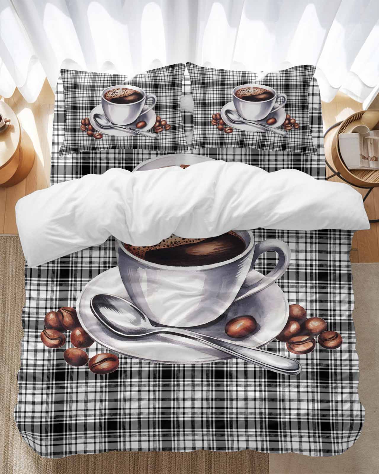 Coffee Cup Beans Bedding Duvet Cover Set Twin Size 4 Pieces Black ...