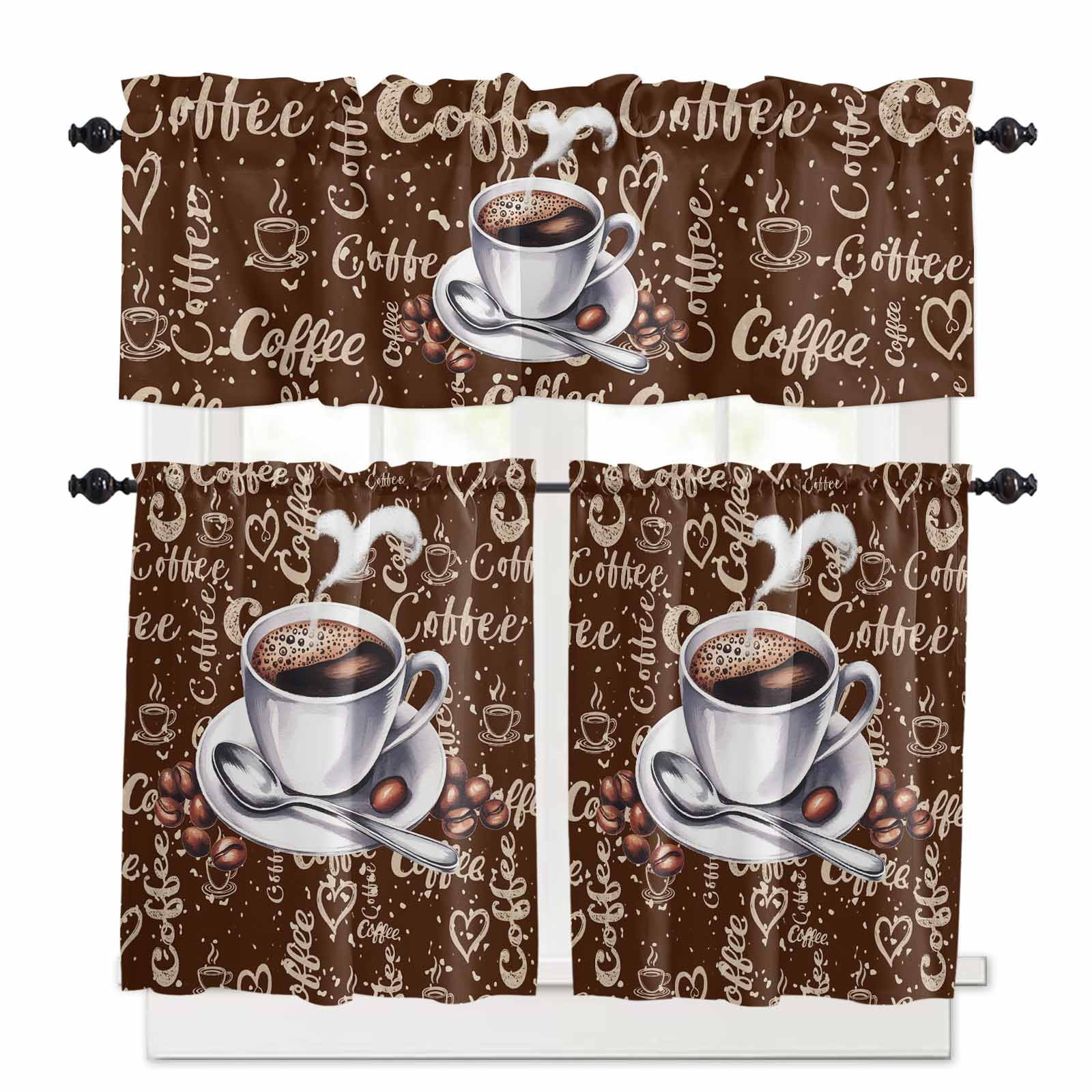 Coffee Cup Beans Kitchen Curtains Valances and Tiers Set of 3, 36 Inch ...