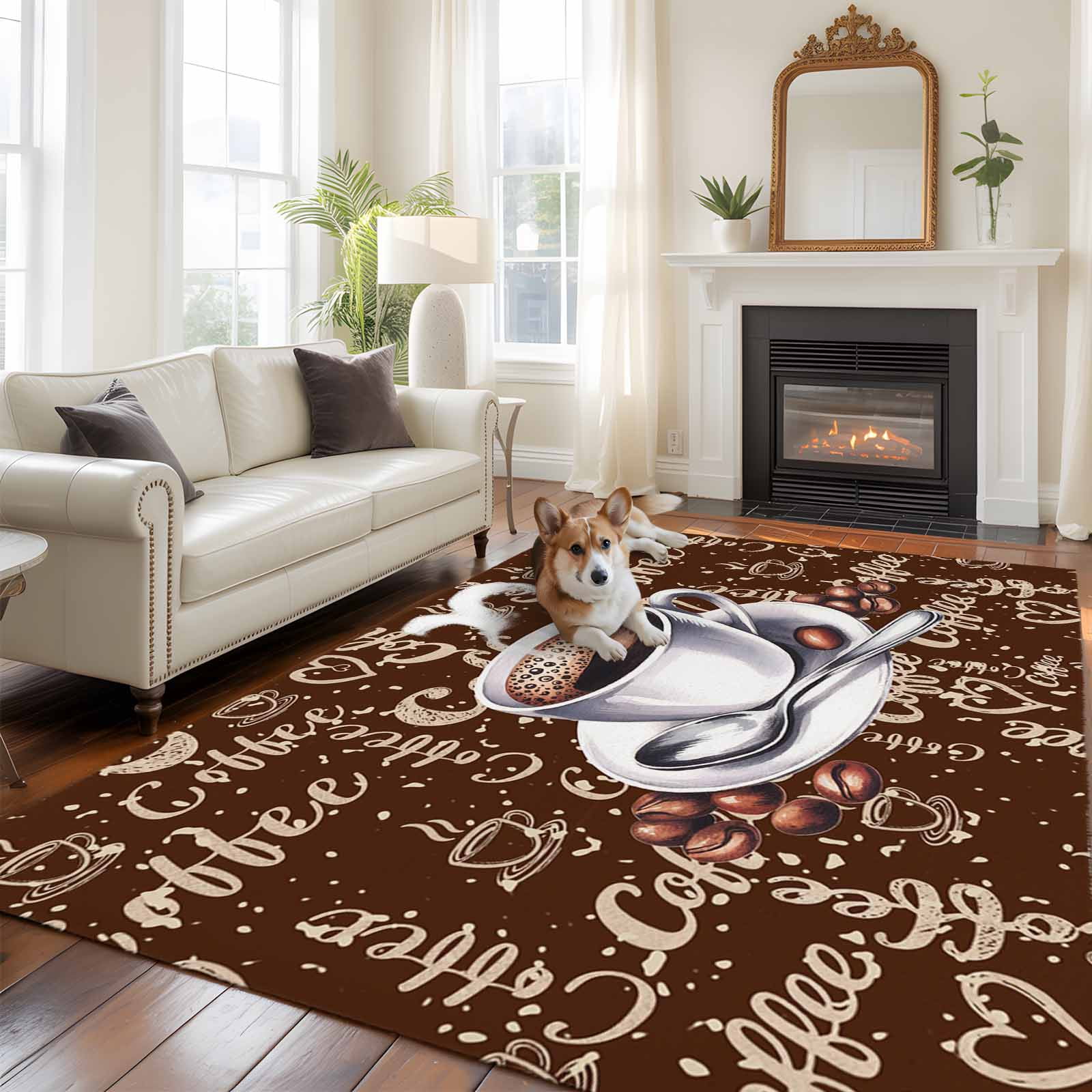 Coffee Cup Beans Large Area Rugs 6x9 ft Cafe Retro Dark Brown ...