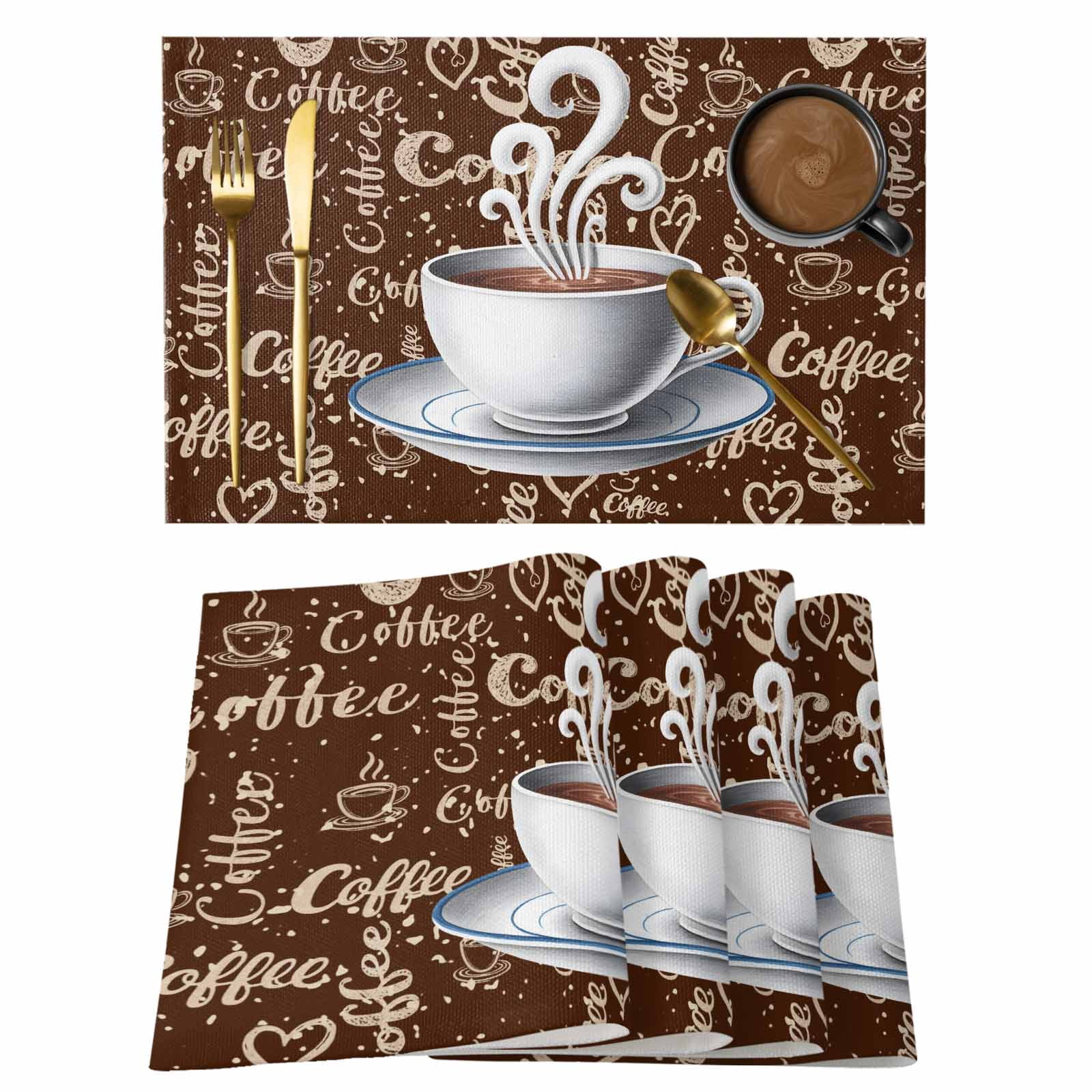 Coffee Cup Beans Placemats Set of 1, Cafe Retro Dark Brown Background ...