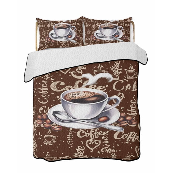 Coffee Cup Beans Quilts Bedding Set King Size Cafe Retro Dark Brown ...