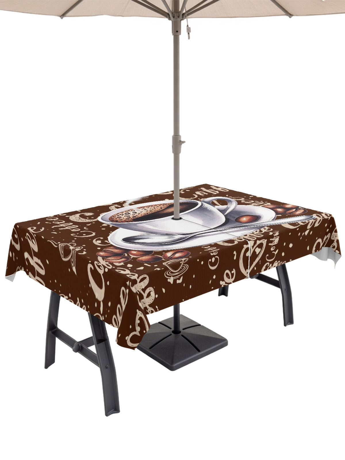 Coffee Cup Beans Rectangle Outdoor Tablecloth with Umbrella Hole Cafe ...