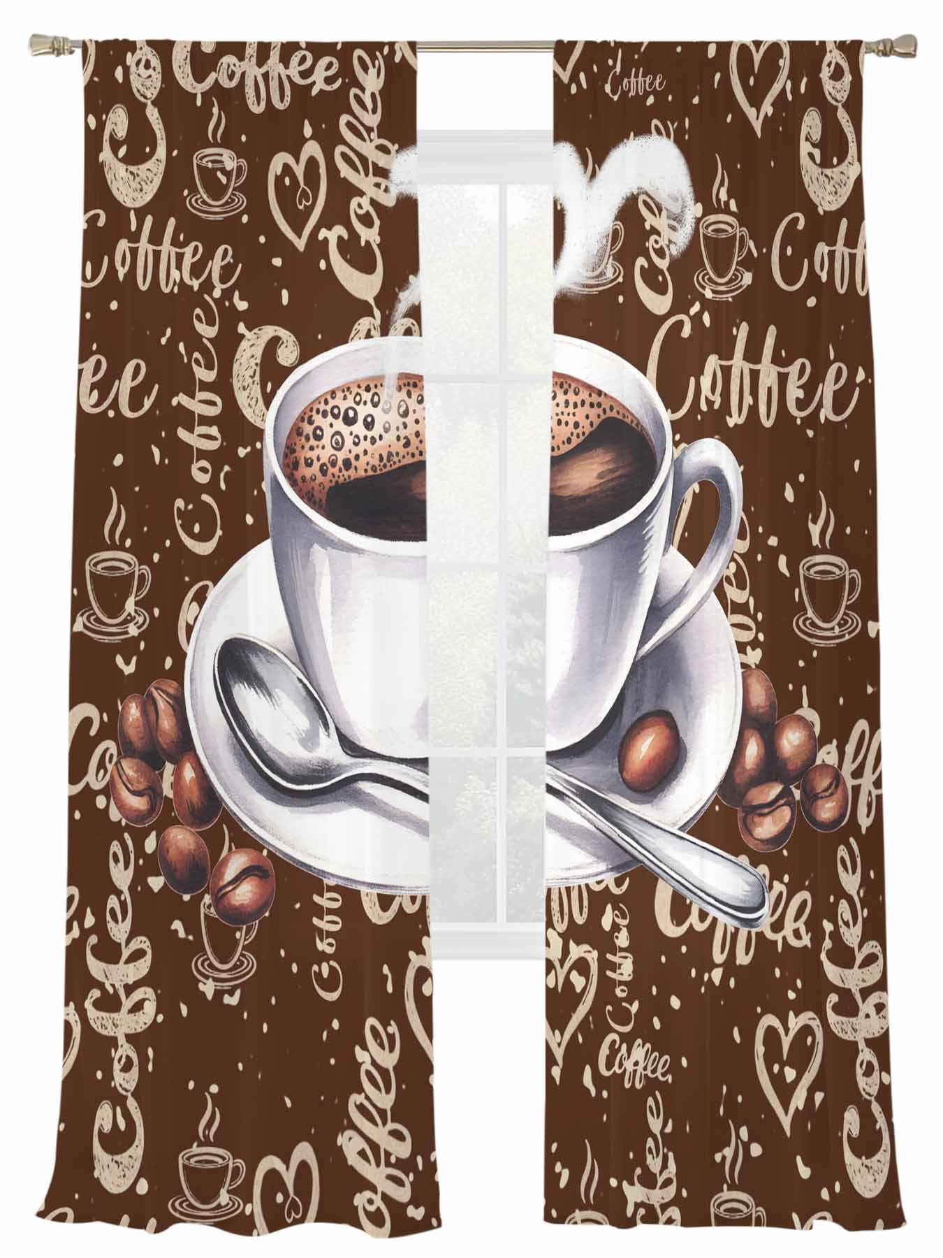 Coffee Cup Beans Sheer Curtains 108 Inch Long 2 Panels, Cafe Retro Dark ...