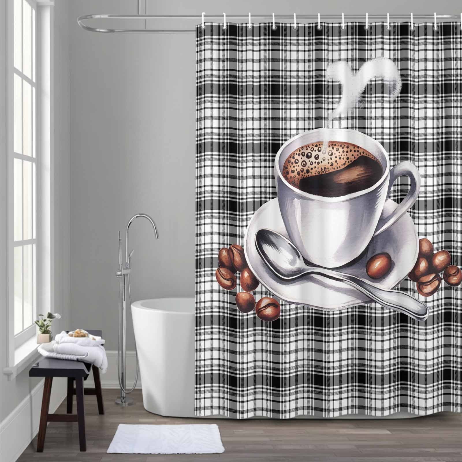 Coffee Cup Beans Shower Curtain for Bathroom Decor, Black Buffalo Plaid ...