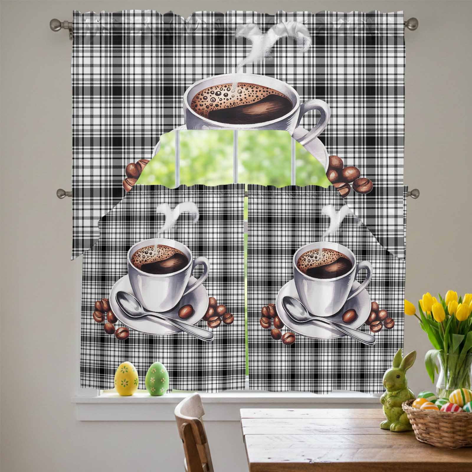 Coffee Cup Beans Swag Curtains Valance & Tier Set, Black Buffalo Plaid ...