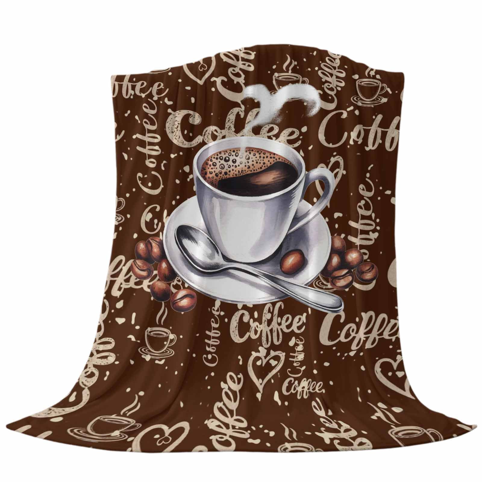 Coffee Cup Beans Throw Flannel Blanket Cafe Retro Dark Brown Background ...