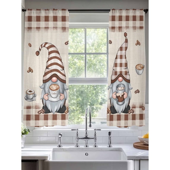 Coffee Cup Beans on Vintage Linen Chiffon Sheer Curtains 63 Inches Long ...