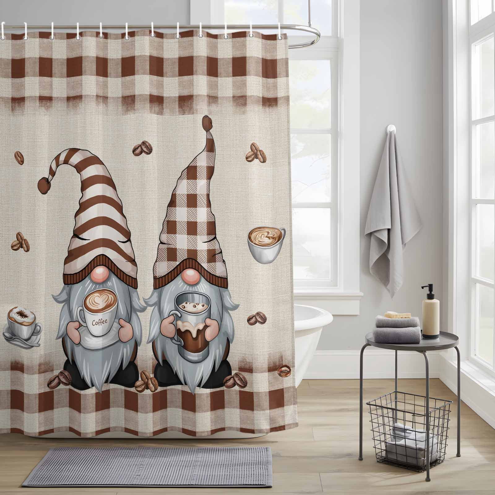 Coffee Cup Beans on Vintage Linen Shower Curtain Set, Waterproof Shower ...