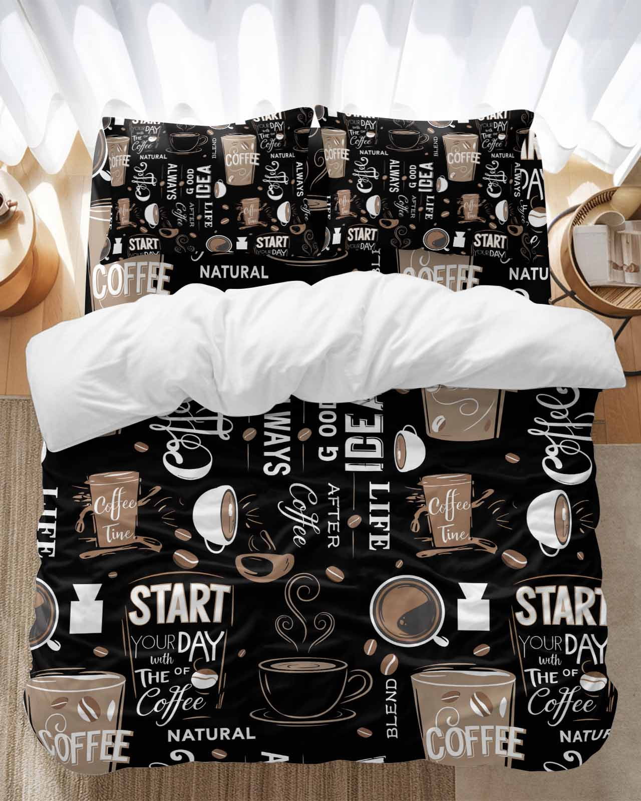 Coffee Cup Bedding Duvet Cover Set Queen Size 4 Pieces Coffee Beans ...