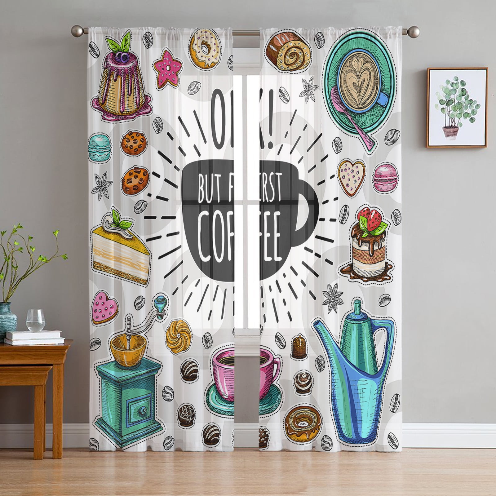 Coffee Cup Cake Dessert Tulle Curtains for Living Room Sheer Voile ...