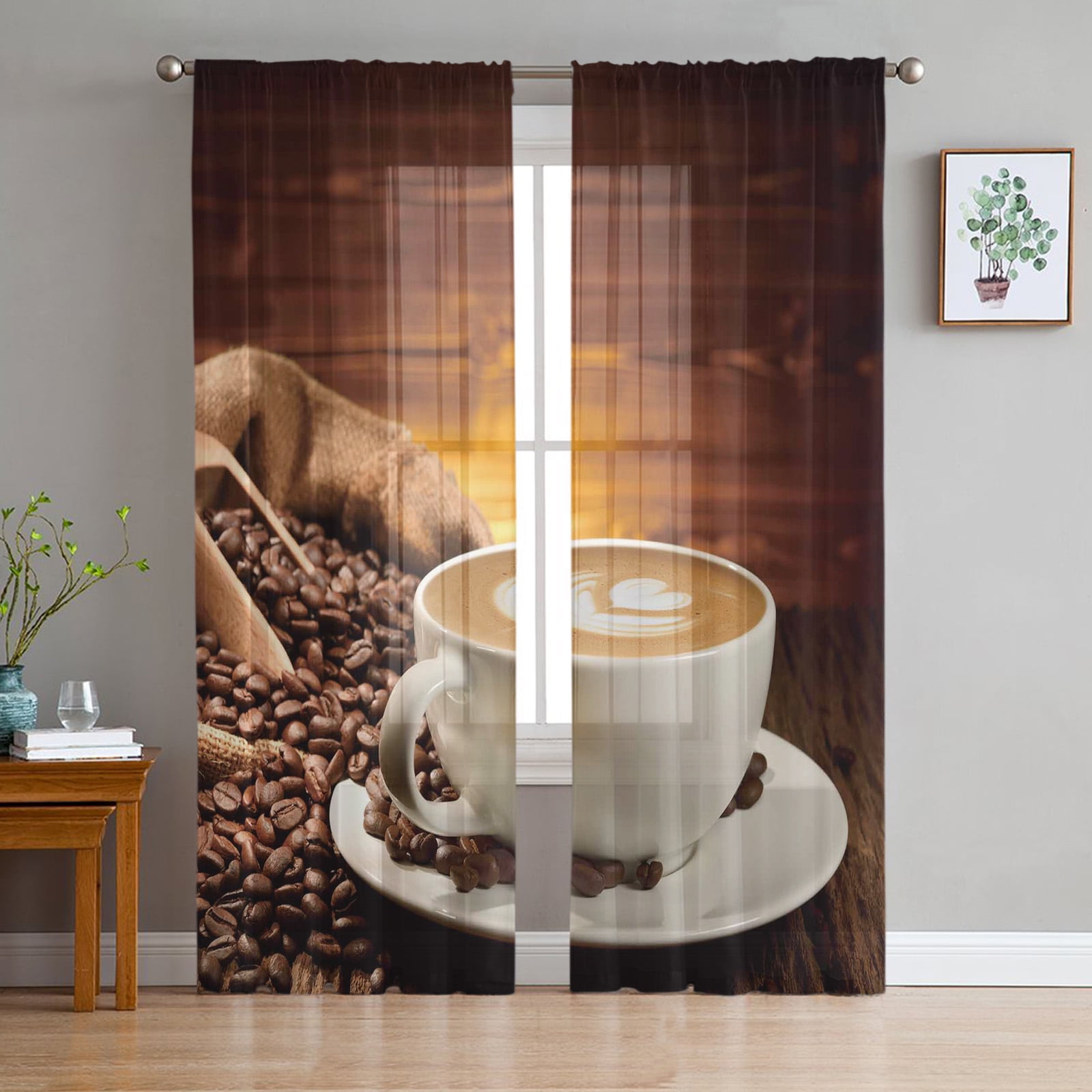 Coffee Cup Coffee Beans Printed Curtains Drape Sheer Tulle Home ration ...