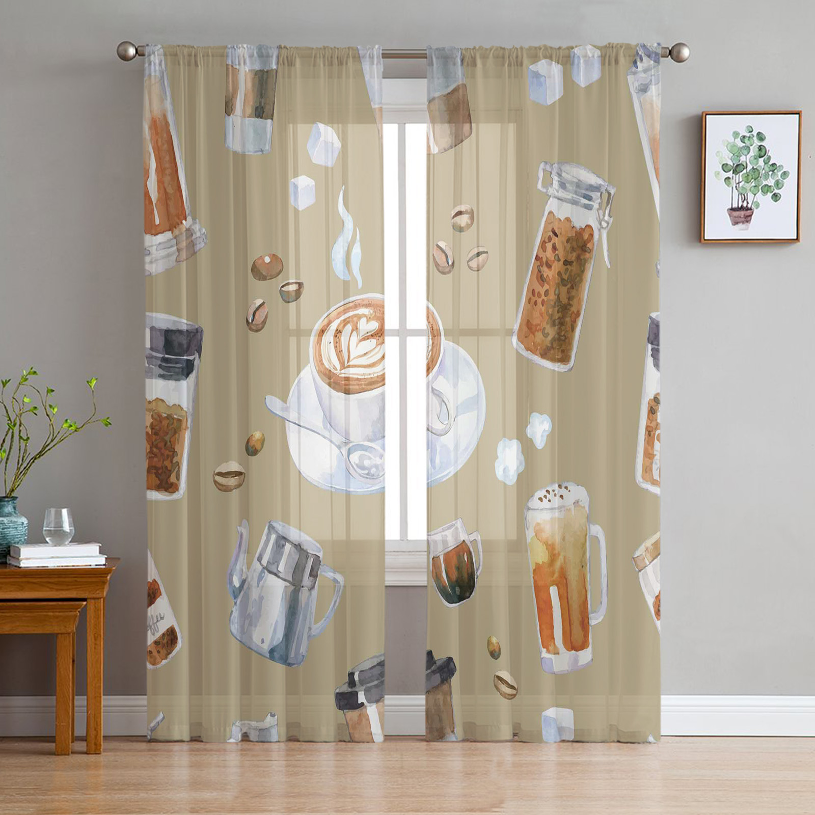 Coffee Cup Coffee Beans Sheer Curtains for Living Room ration Window ...