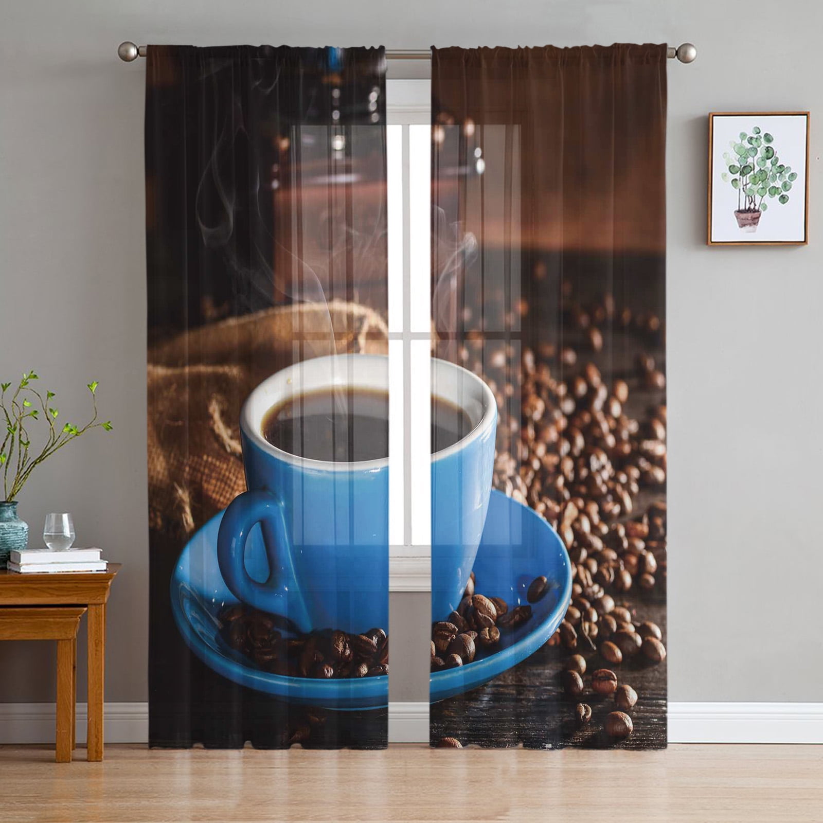 Coffee Cup Coffee Beans Tulle in Sheer Curtains for Living Room Bedroom ...