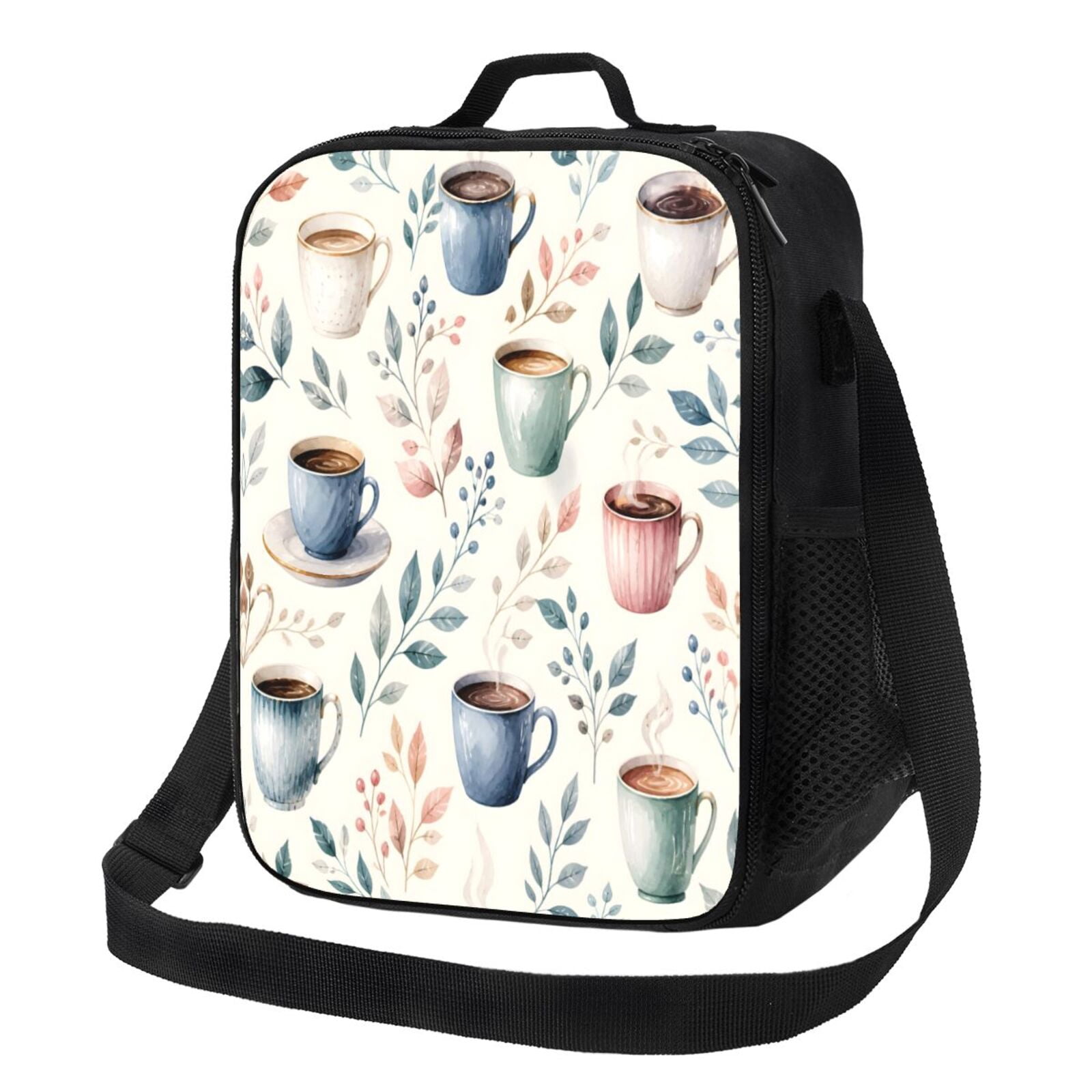 Coffee Cup Floral Lunch Bag Insulated Thermal Lunch Box with Shoulder ...