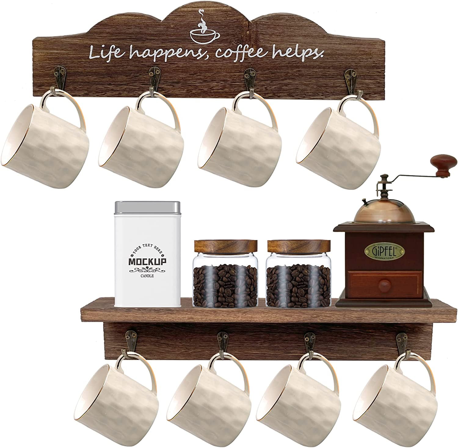 Coffee Cup Holder 2 Pcs Kitchen Wall Decor Coffee Mug Holder with 8 ...