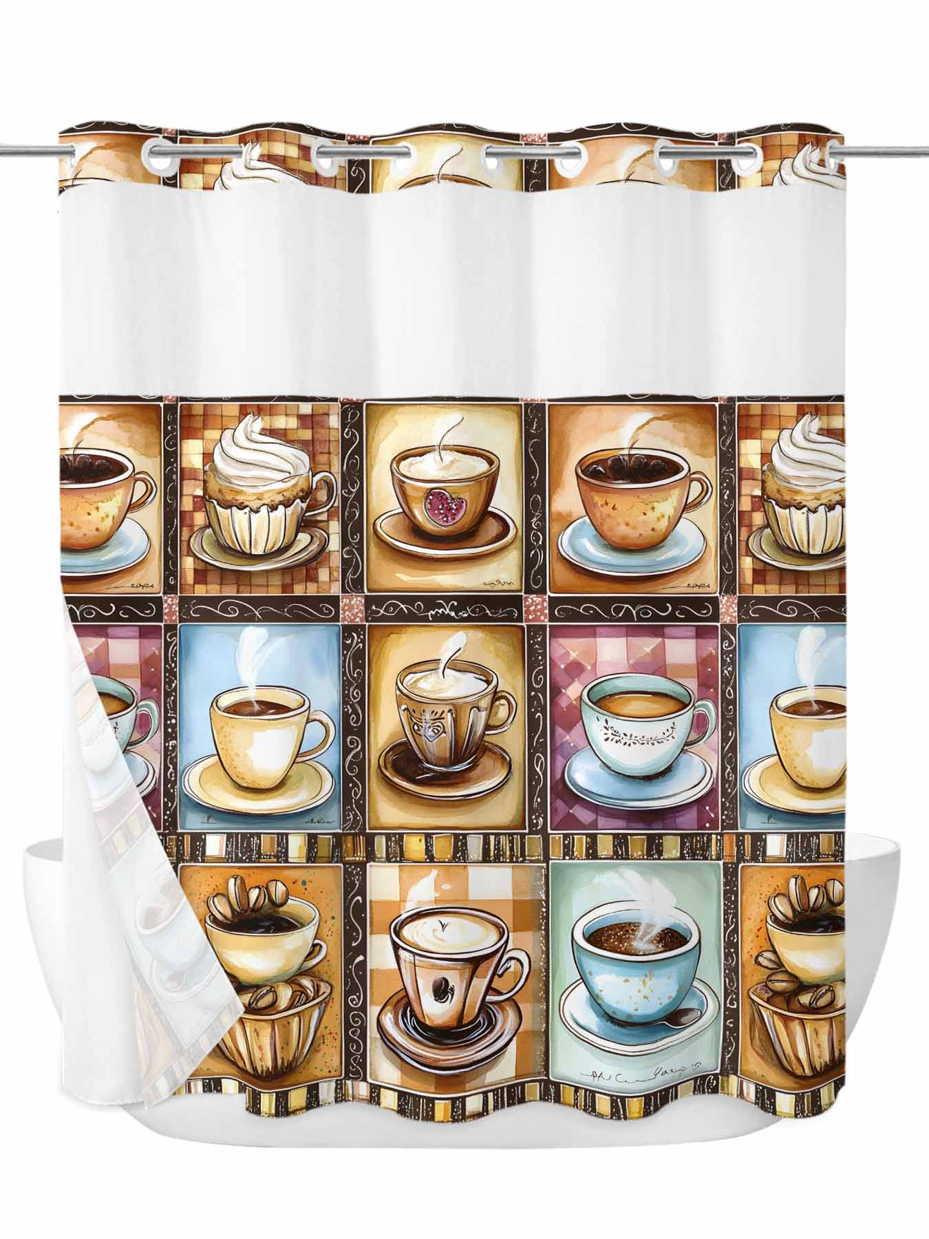 Coffee Cup No Hook Shower Curtain and Liner Set Theme Vintage Plaid ...