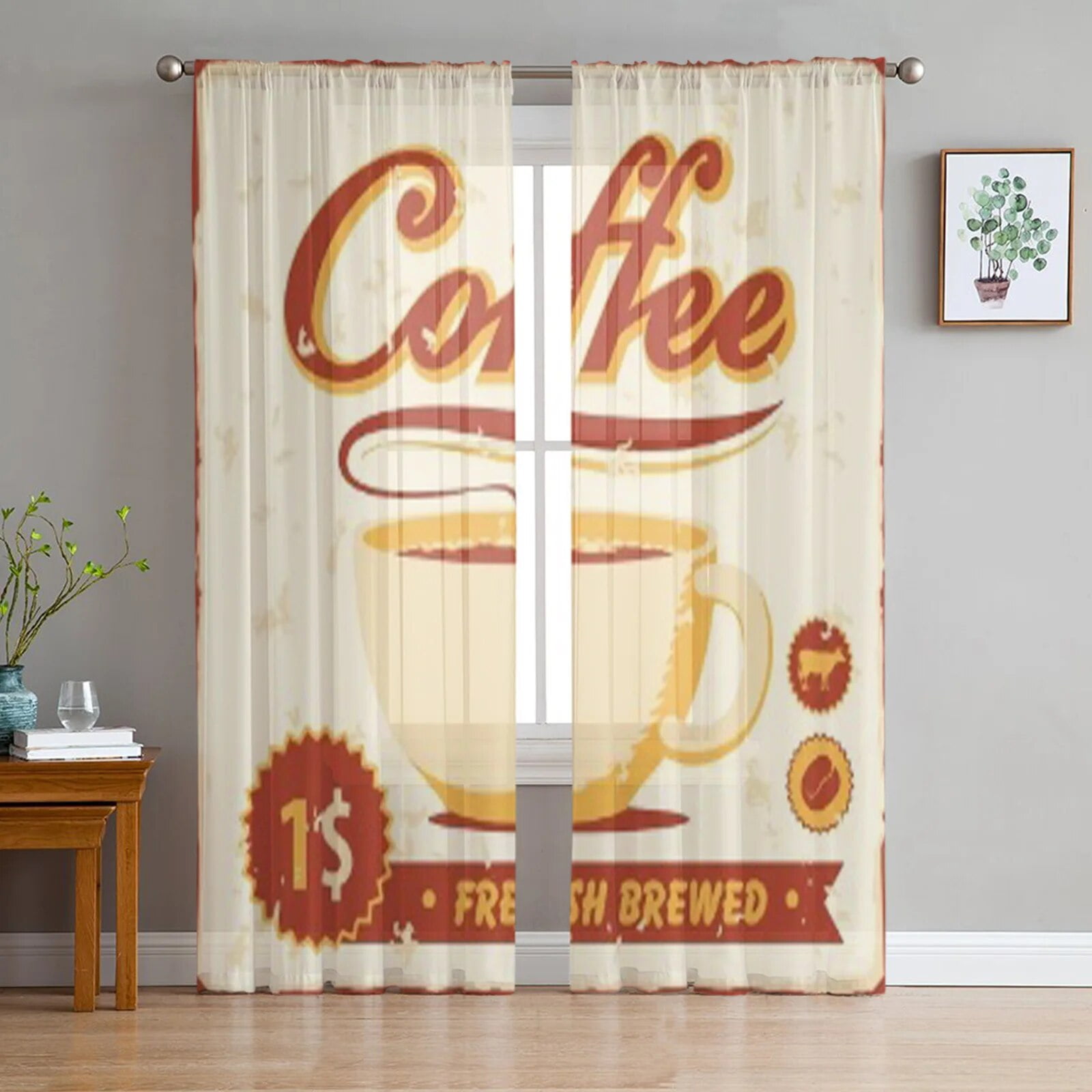 Coffee Cup In Retro Style Sheer Curtains For Bedroom Living Room Tulle ...