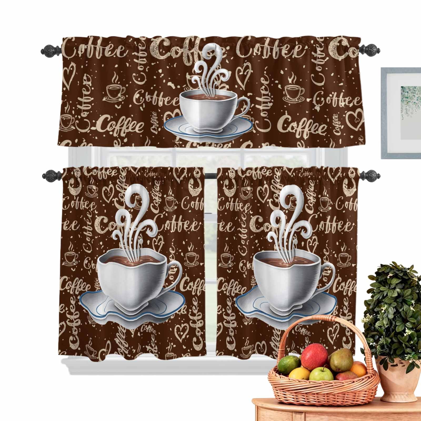 Coffee Cup Kitchen Curtains Valances 3 Piece Set, Cafe Retro Dark Brown ...