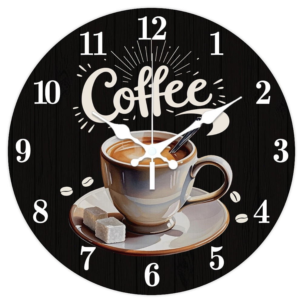 Coffee Cup Pattern Wall Clock 12 Inch Non-Ticking Coffee Text Clocks ...