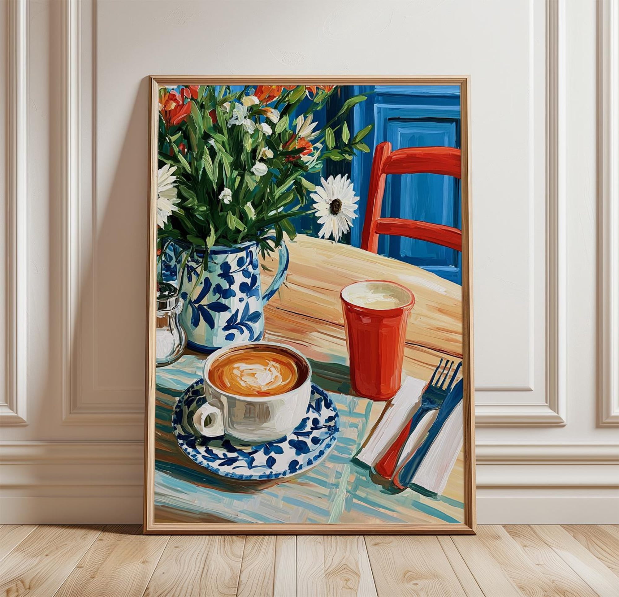 Coffee Cup Poster Blue Caf Print Mediterranean Wall Art - Walmart.com