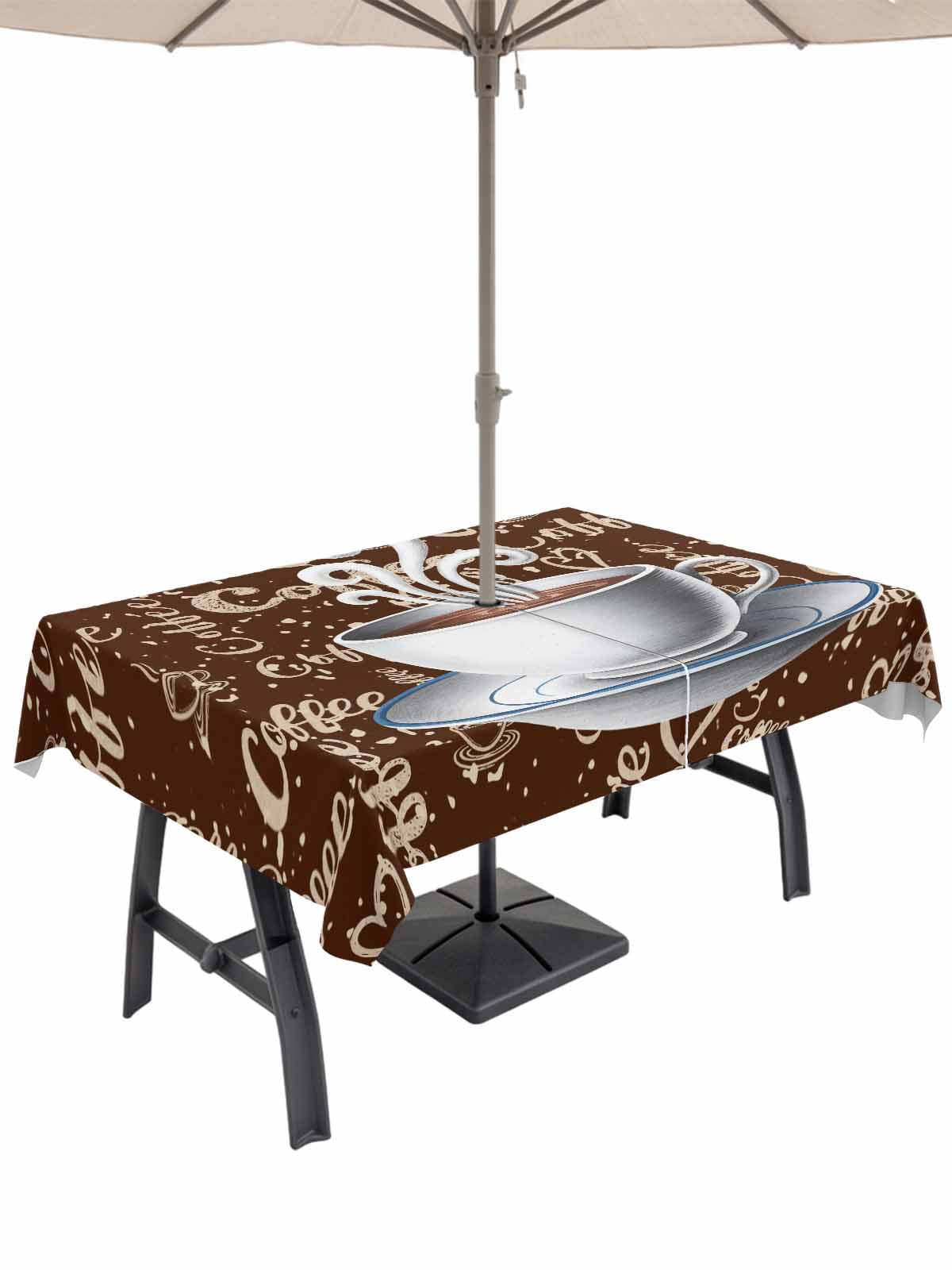 Coffee Cup Rectangle Outdoor Tablecloth with Umbrella Hole Cafe Retro ...