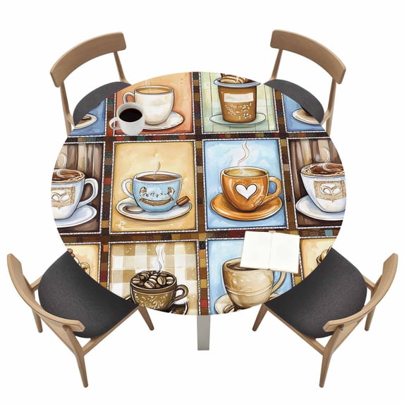 Coffee Cup Round Fitted Tablecloth with Elastic Edge Theme Retro Plaid ...