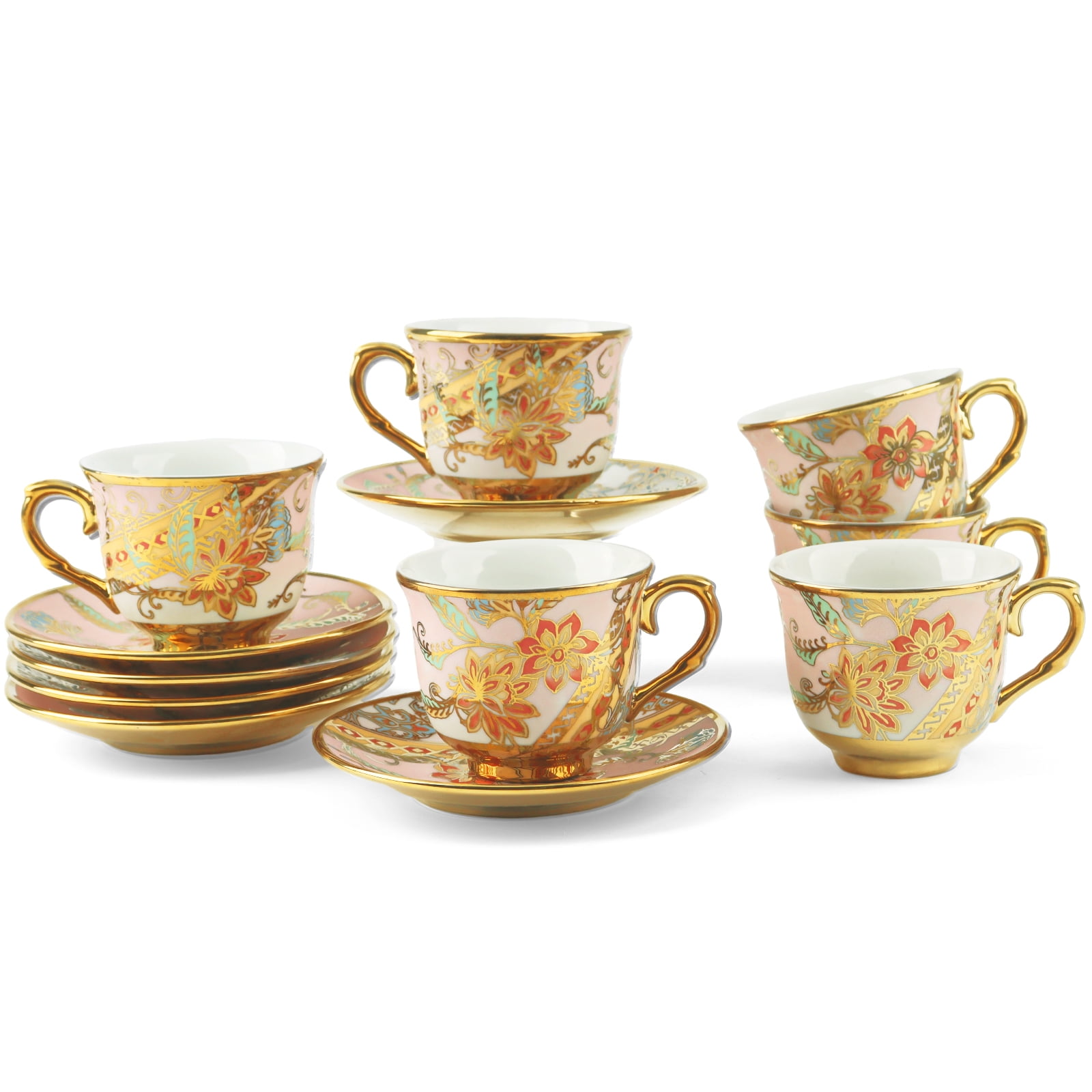Coffee Cup Set, 6-Piece Espresso Cup and Saucer Gift Box - 3-Ounce Gold ...