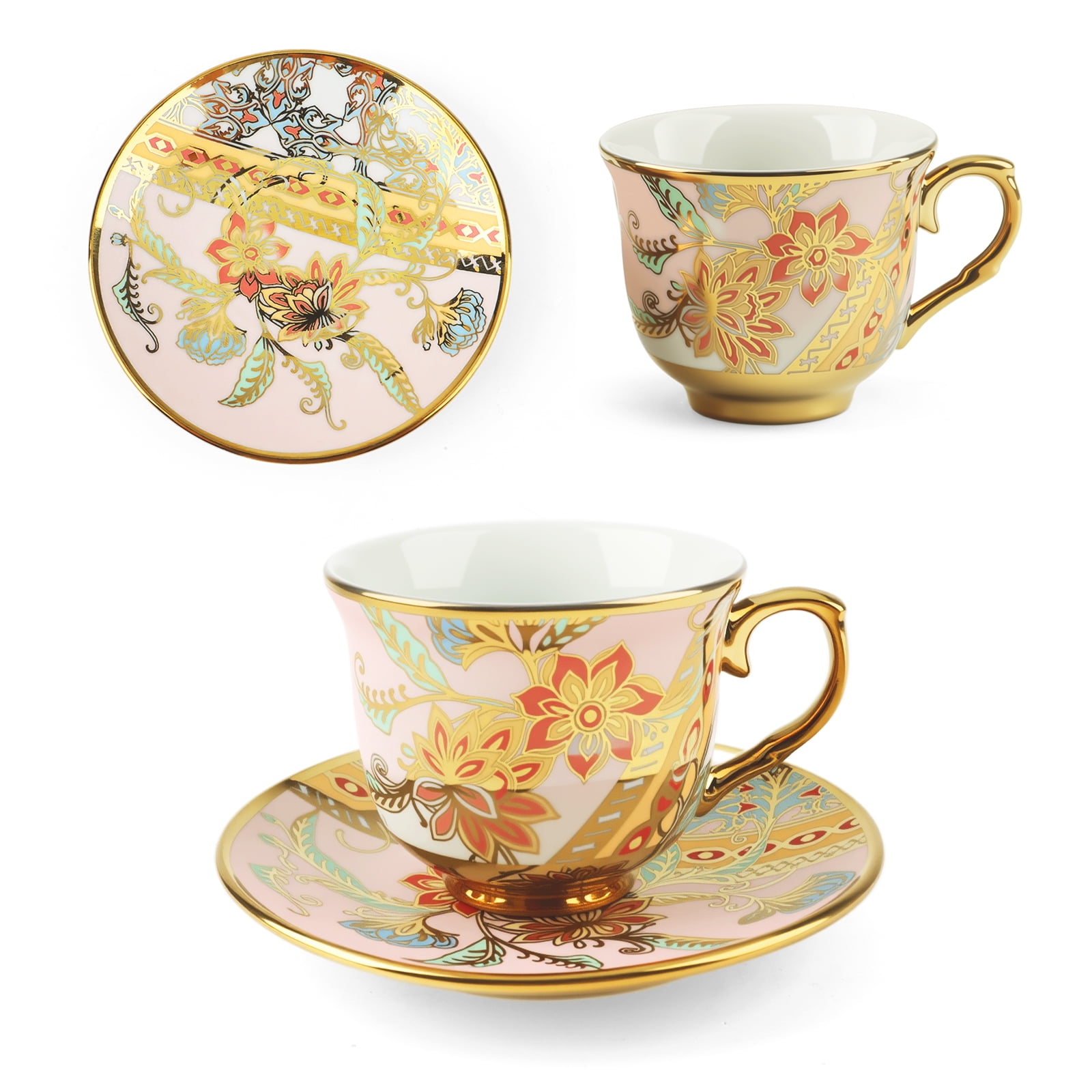 Coffee Cup Set, 6-Piece Espresso Cup and Saucer Gift Box - 3-Ounce Gold ...