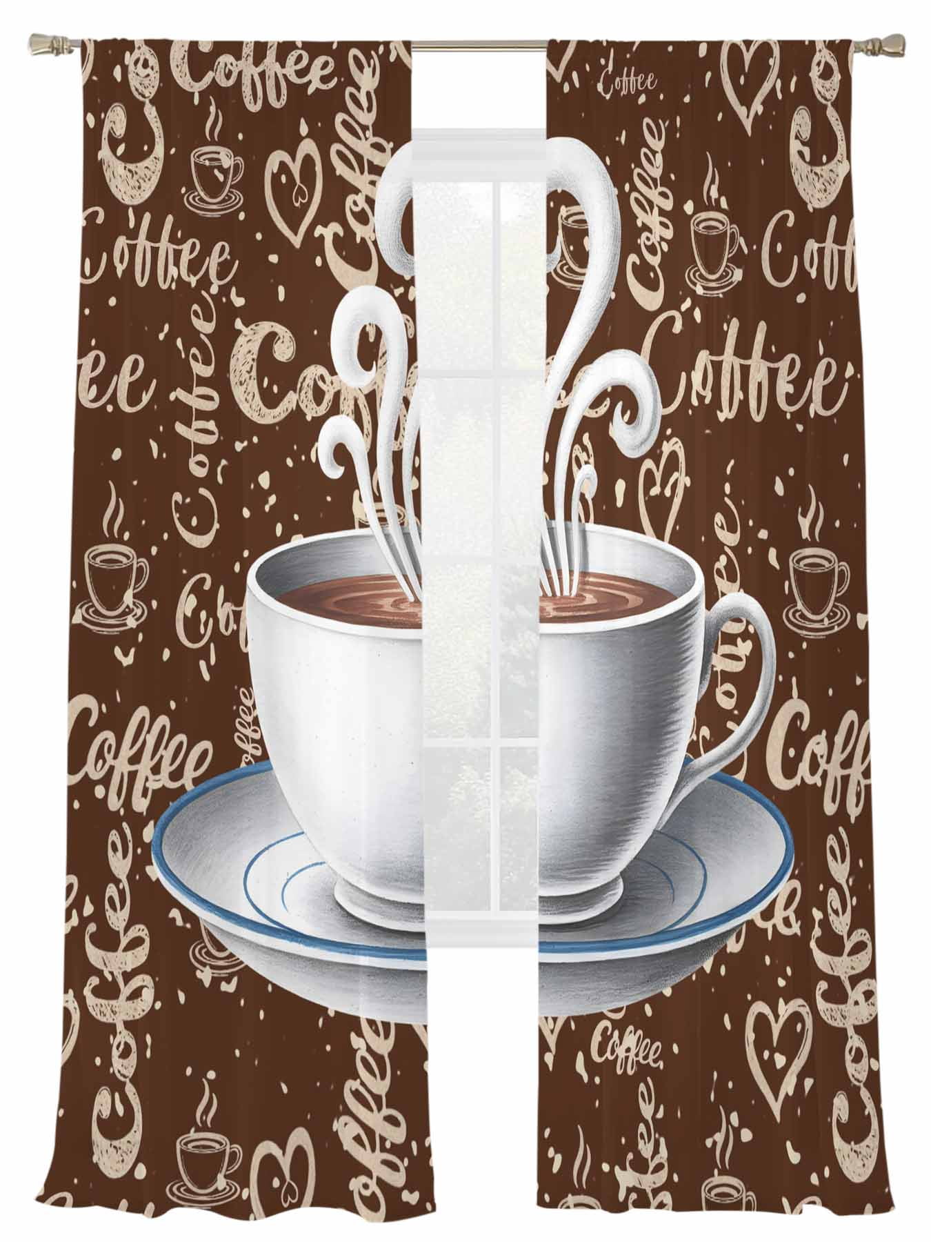 Coffee Cup Sheer Curtains 2 Panels Set Cafe Retro Dark Brown Background ...