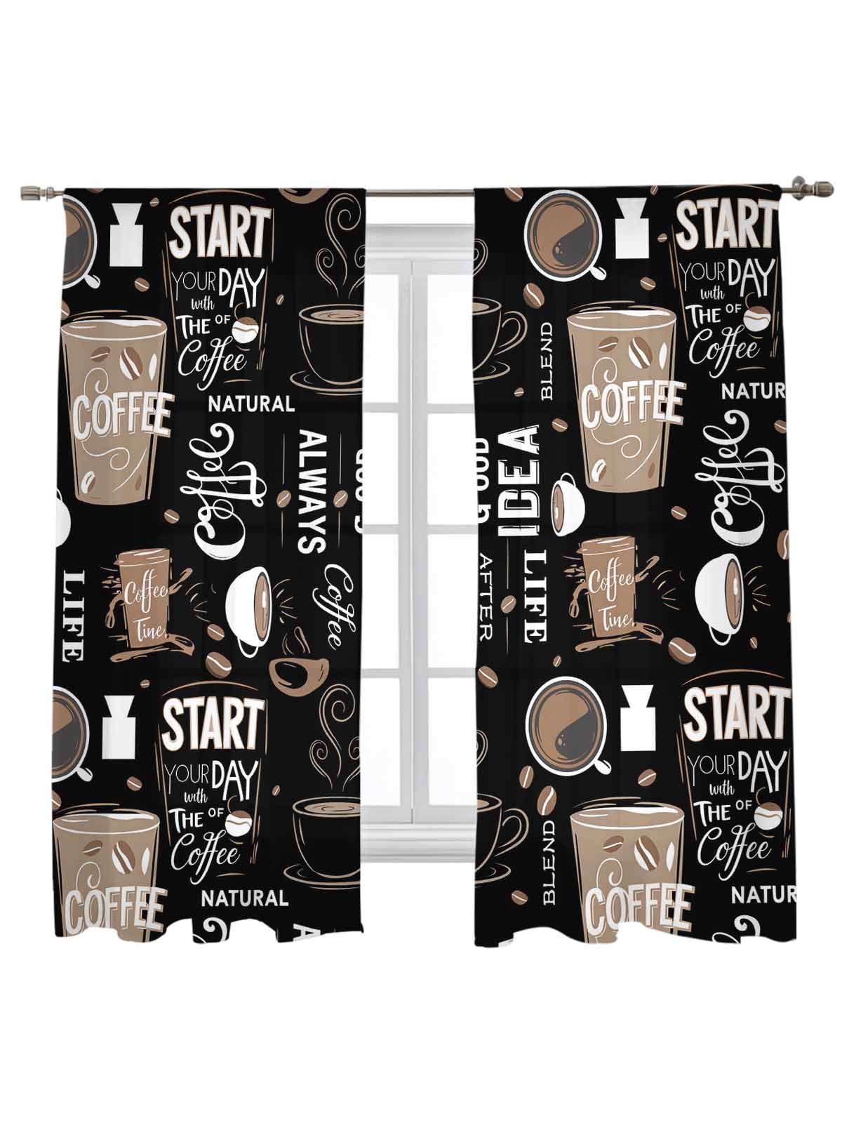 Coffee Cup Sheer Curtains 2 Panels Set Coffee Beans Black Background ...