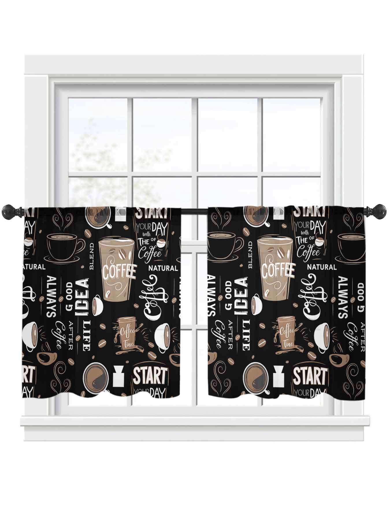 Coffee Cup Sheer Curtains 45 Inch Long 2 Panels, Coffee Beans Black ...