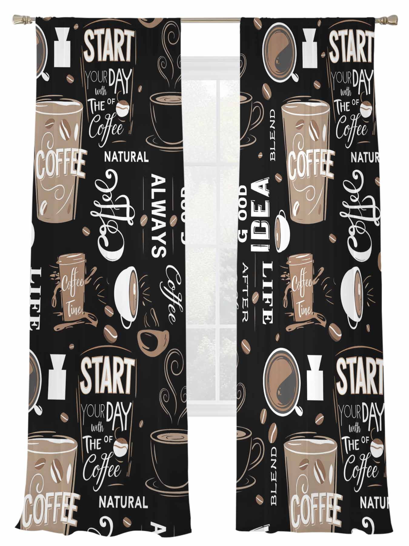 Coffee Cup Sheer Curtains 96 Inch Long 2 Panels, Coffee Beans Black ...