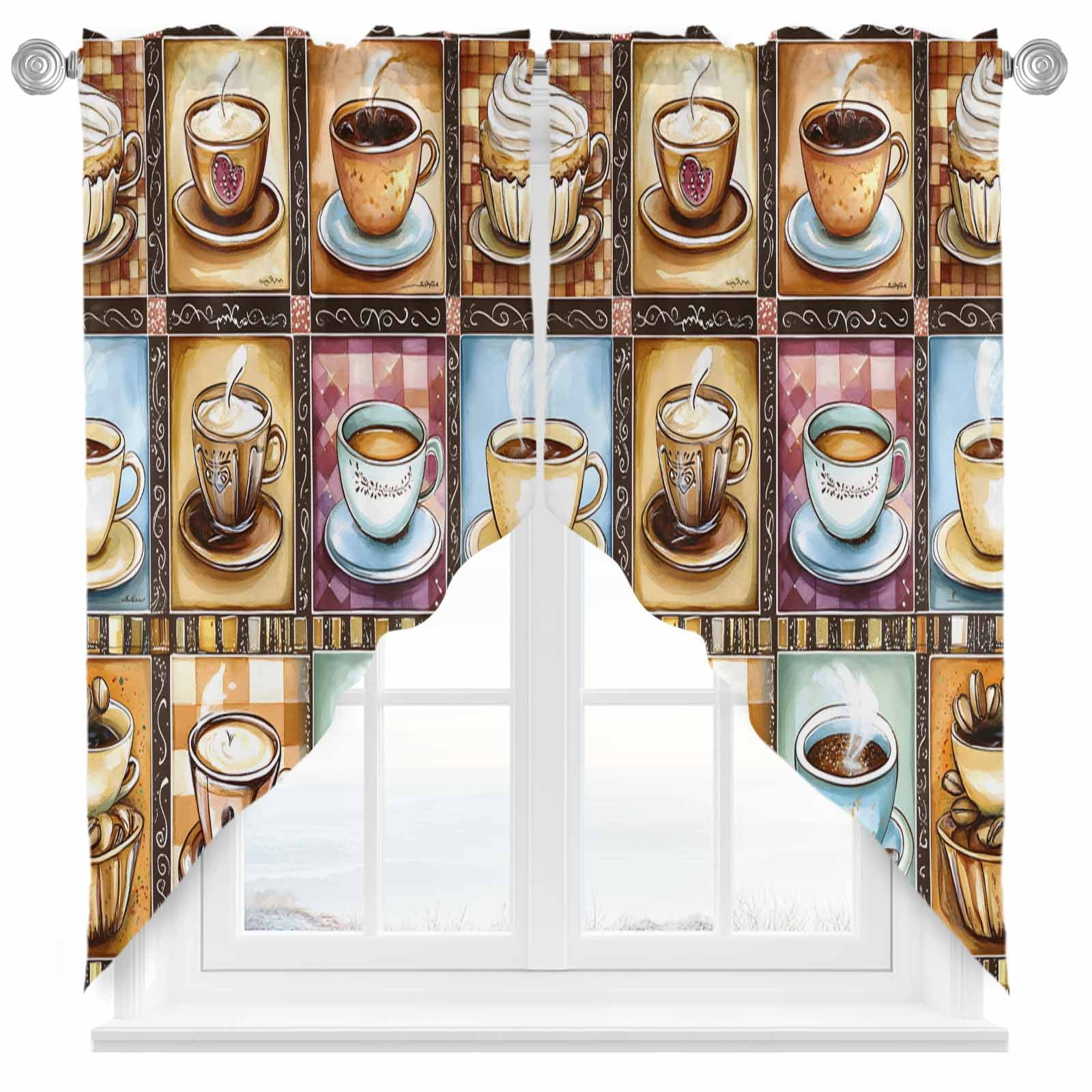 Coffee Cup Swag Valances for Windows 2 Pack Theme Vintage Plaid ...