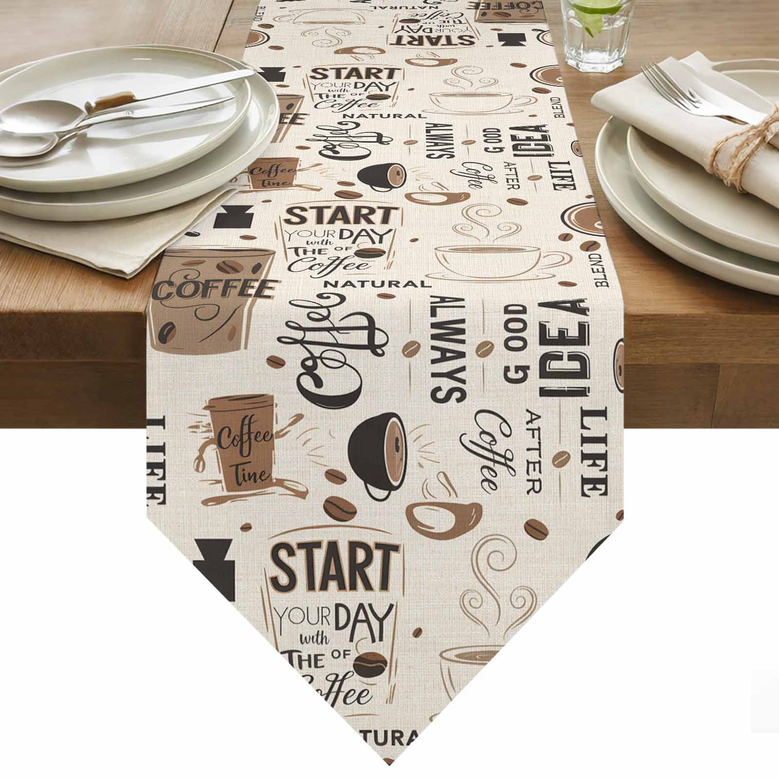 Coffee Cup Table Runner 48 Inches Long Coffee Beans Linen Background ...
