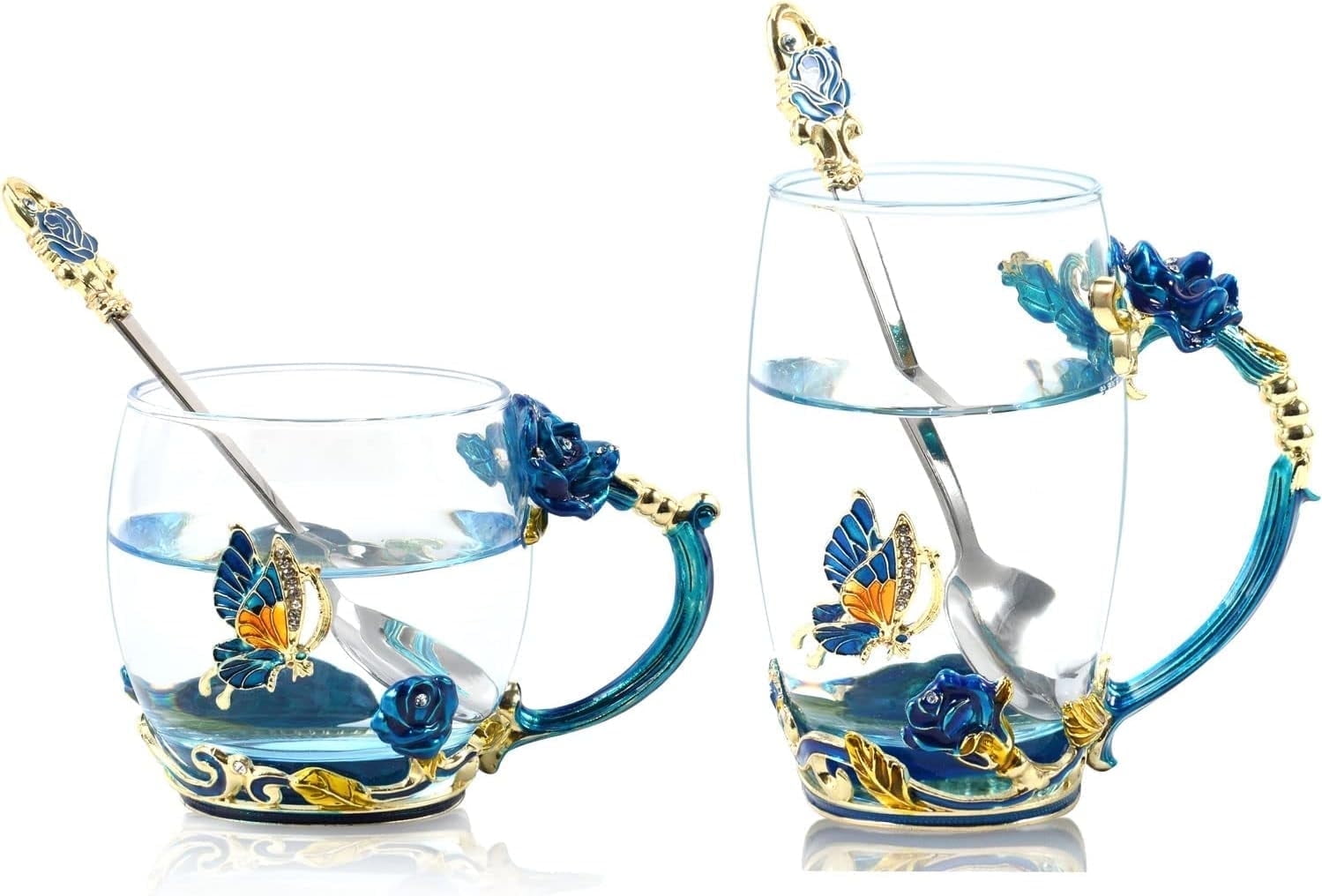 Coffee Cup Tea Mug with Spoon Set Handmade Enamel Butterfly Flower for ...