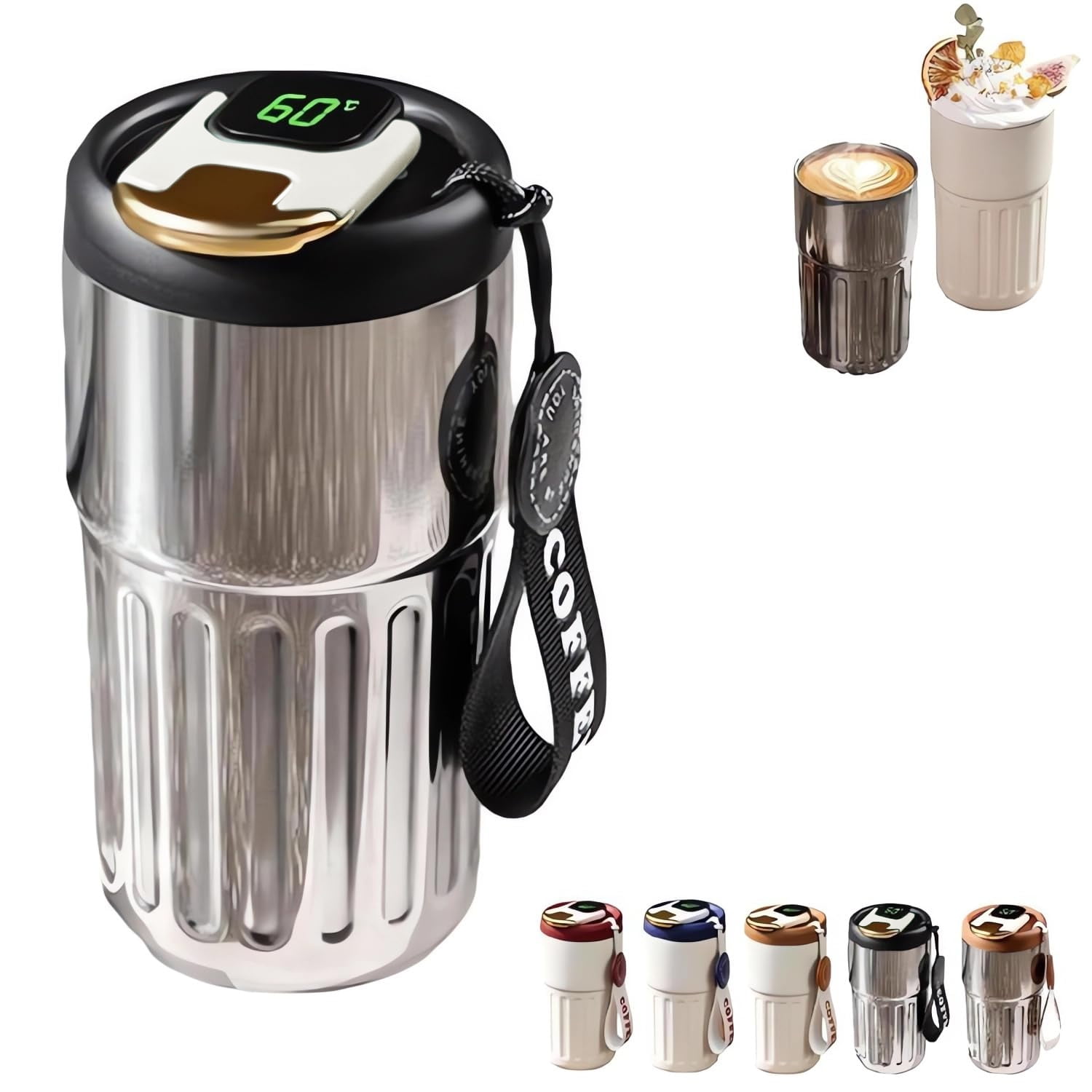 Coffee Cup With Temperature Display, Portable Reusable Stainless Steel ...